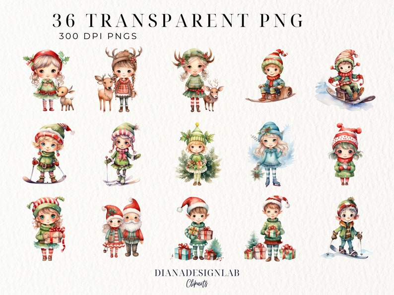 Christmas Elves Watercolor Clipart, Christmas Elf PNG, Santa's Helper ...