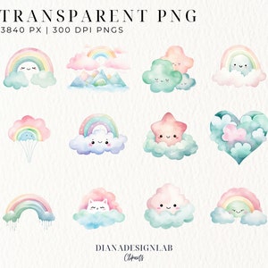 Cloud and Rainbow Watercolor Clipart, Instant Download, Stars Clip Art ...