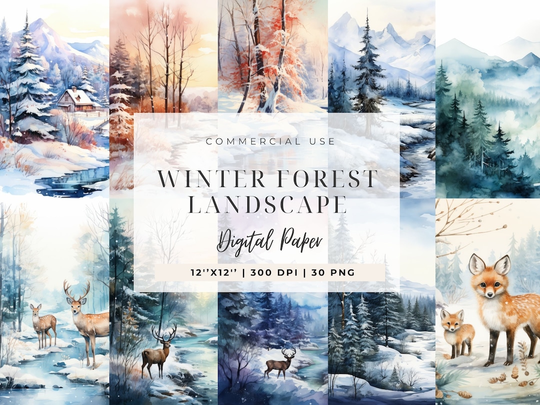 Printable Winter Woodland Landscape Digital Paper, Winter Wonderland ...