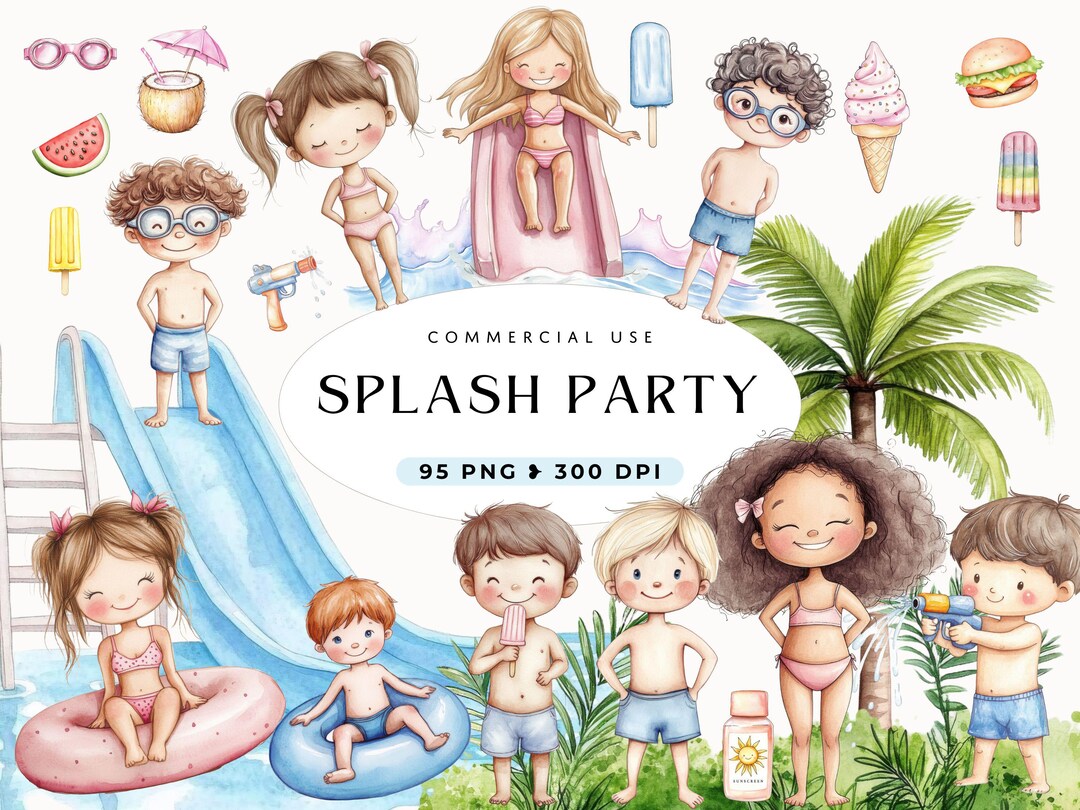Summer Pool Party Clipart, Fun Cute Kids, Beach Party, Ice Cream ...