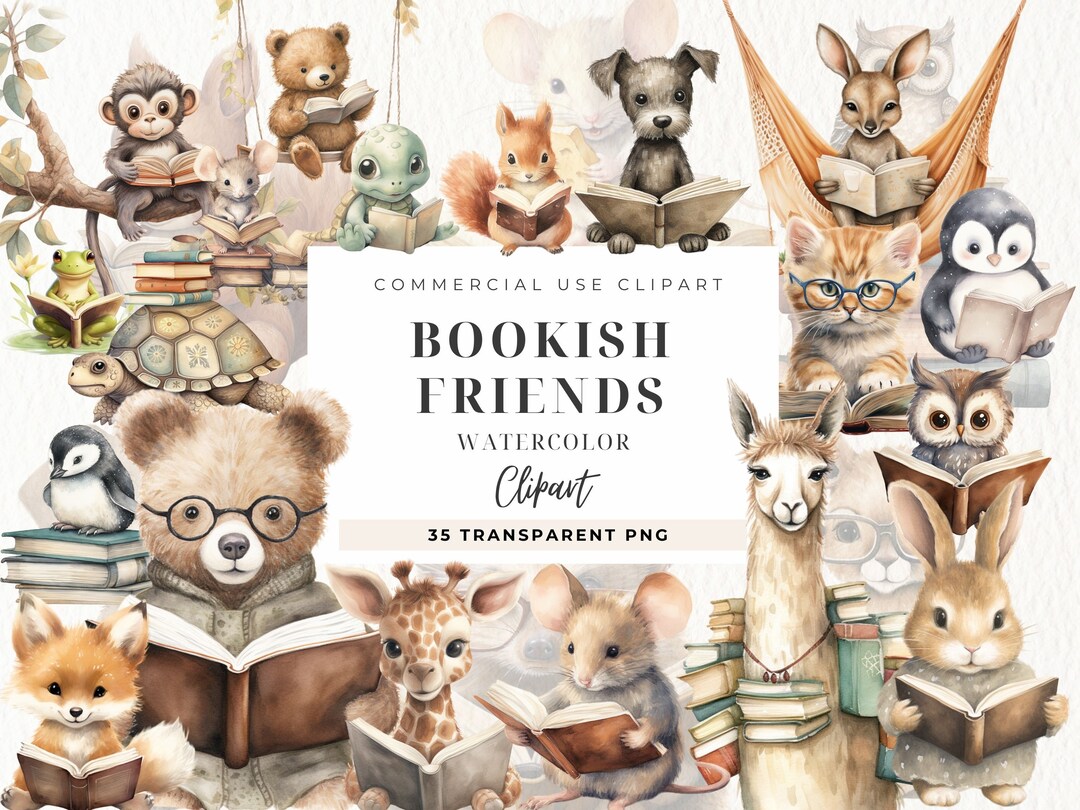 Watercolor Animals Reading Book Clipart, Commercial Use, Booklover Clip ...