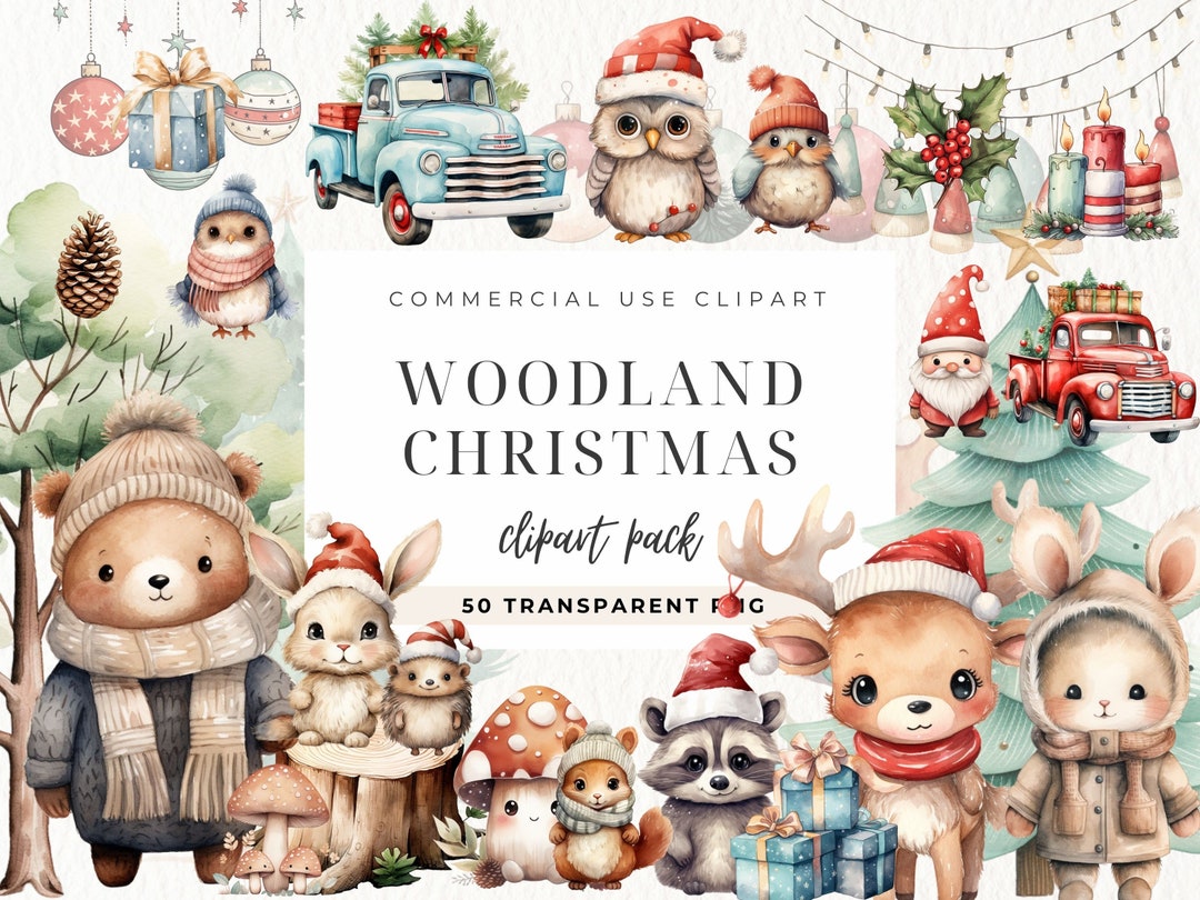 Woodland Christmas Clipart, Paper Crafts, Instant Download, Watercolor ...