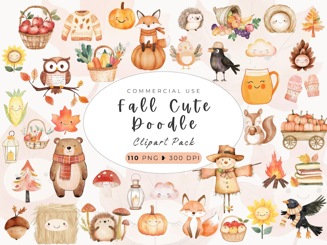Doodle Autumn Clipart, Nursery Animal Clip Art, Newborn Fall Kid Doodle ...