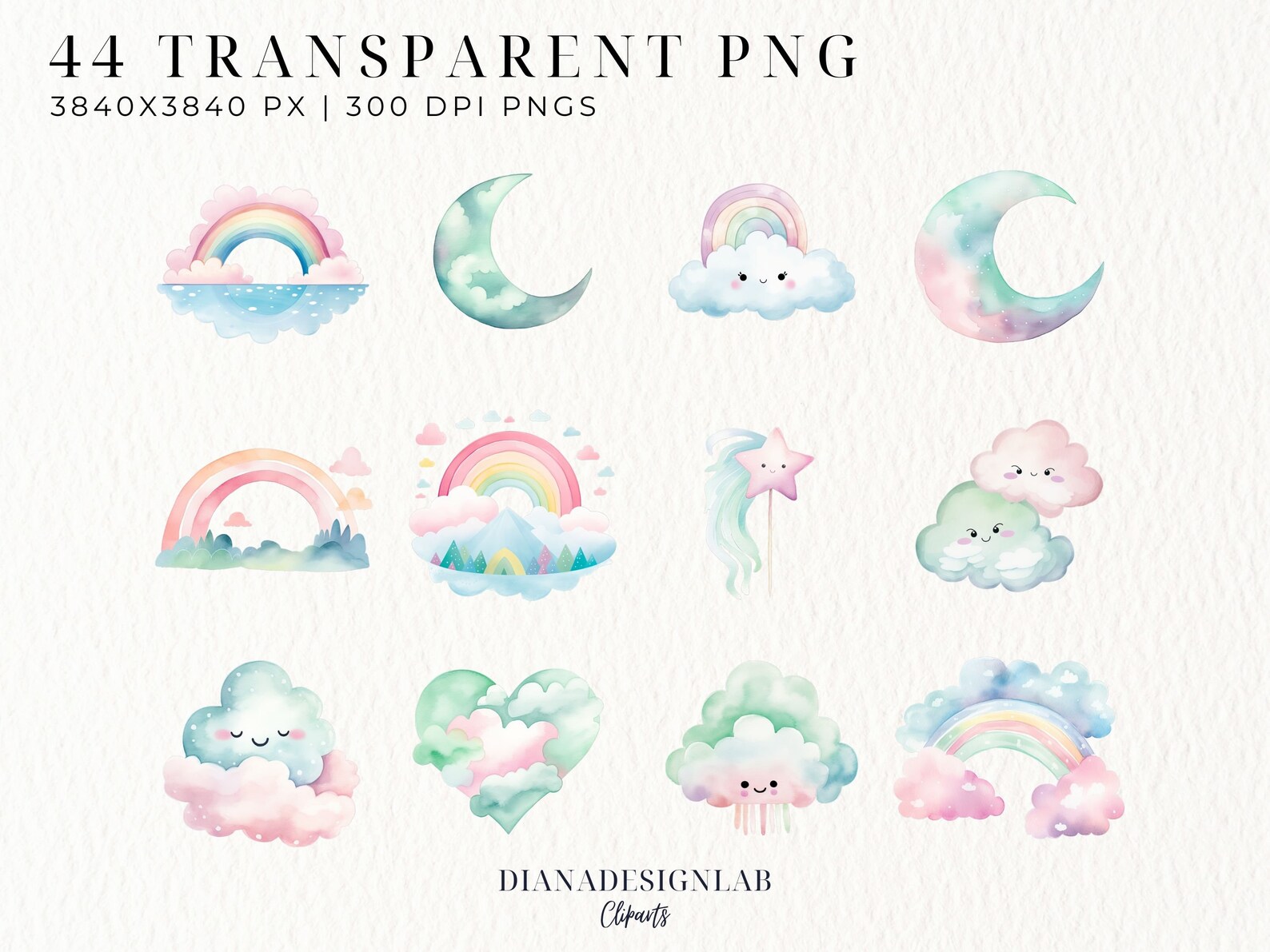 Cloud and Rainbow Watercolor Clipart, Instant Download, Stars Clip Art ...