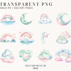 Cloud and Rainbow Watercolor Clipart, Instant Download, Stars Clip Art ...
