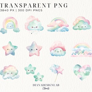 Cloud and Rainbow Watercolor Clipart, Instant Download, Stars Clip Art ...