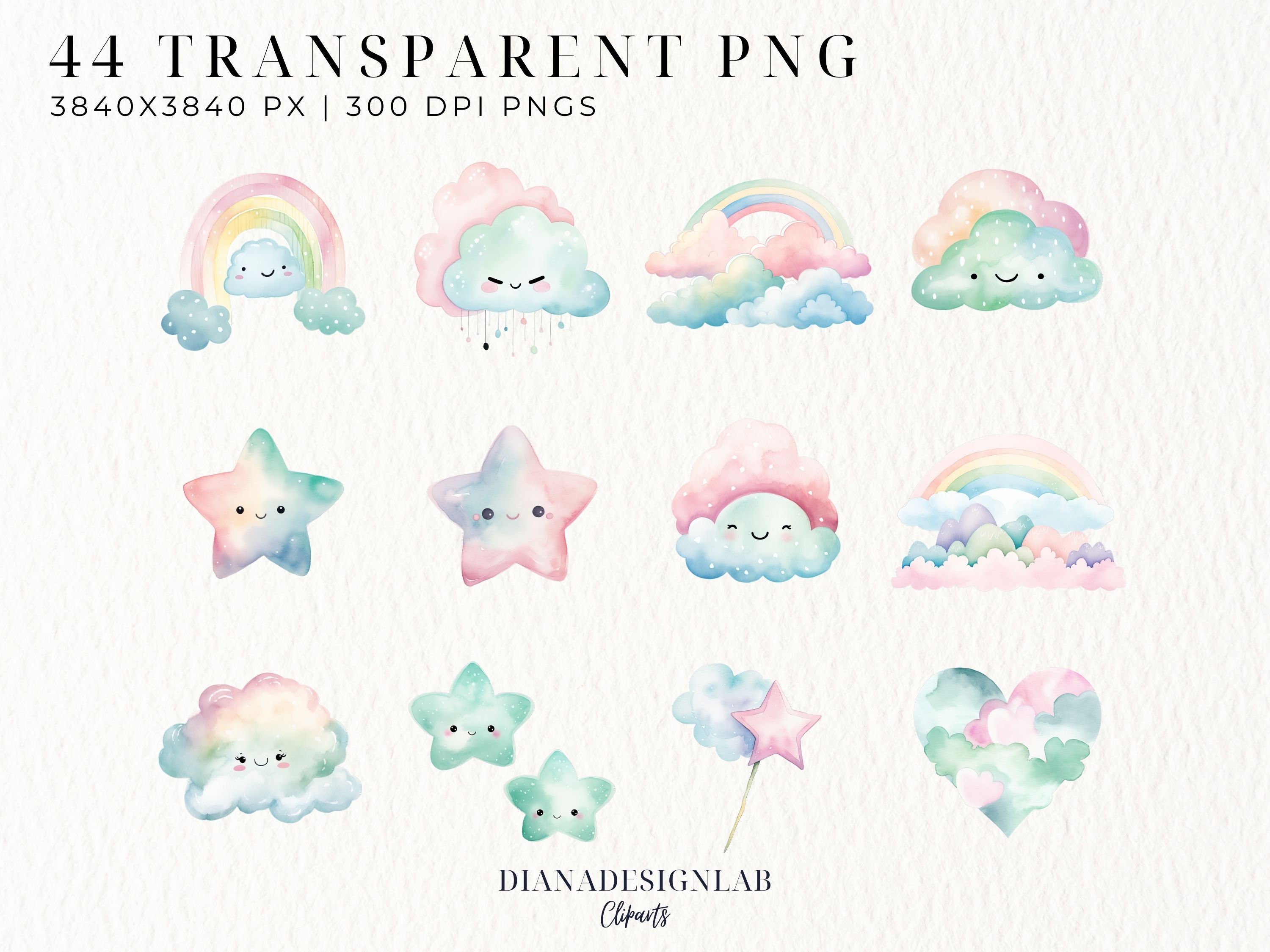 Cloud and Rainbow Watercolor Clipart, Instant Download, Stars Clip Art ...
