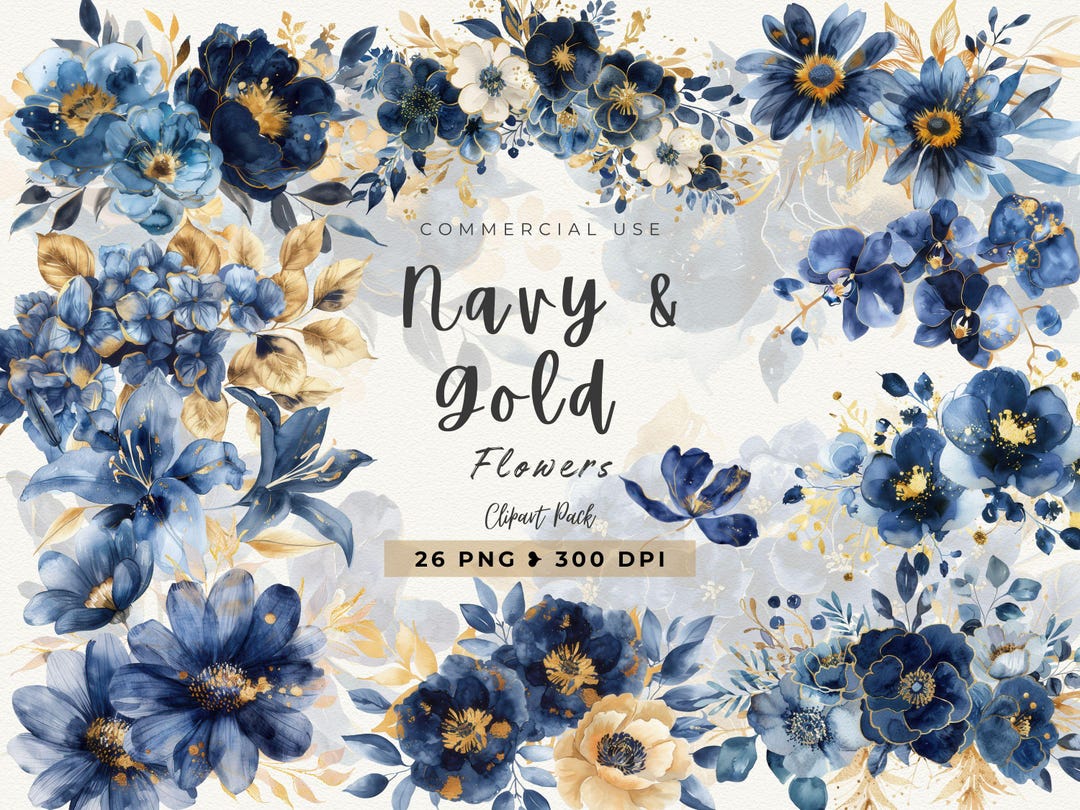 Navy and Gold Floral Clipart, Floral Bouquet, Blue Chinoiserie, Wedding ...