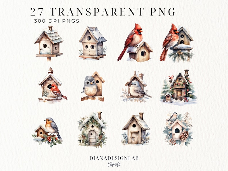 Birdhouse Winter Clipart, Png Digital Download, Christmas Watercolor ...