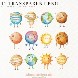 Funny Space Clipart, Watercolor Cute Planets, Solar System, Galaxy Clip ...