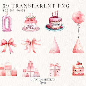 Watercolor Birthday Party Cake Present Balloons Clipart Bundle, Happy ...
