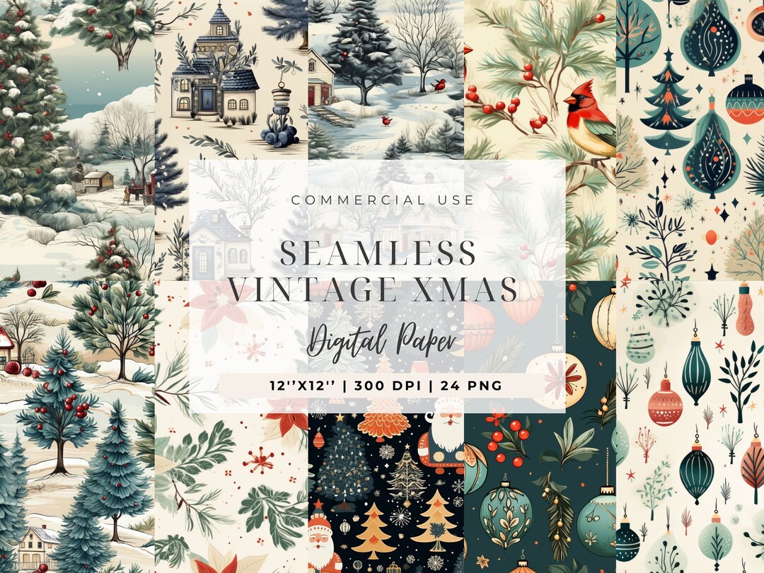 Seamless Vintage Christmas Digital Paper Pack, Winter Holiday Seamless ...