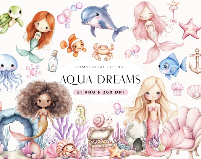 Cute Mermaid Clipart, Sea Animals Clipart, Under the Sea, Fairy Tale ...