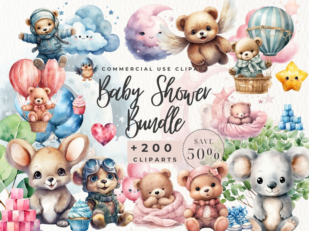 Baby Shower Clipart Bundle, Commercial Use, Watercolor Clipart, Baby ...