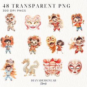 Chinese New Year Watercolor Clipart, Dragon Clip Art, Instant Digital ...