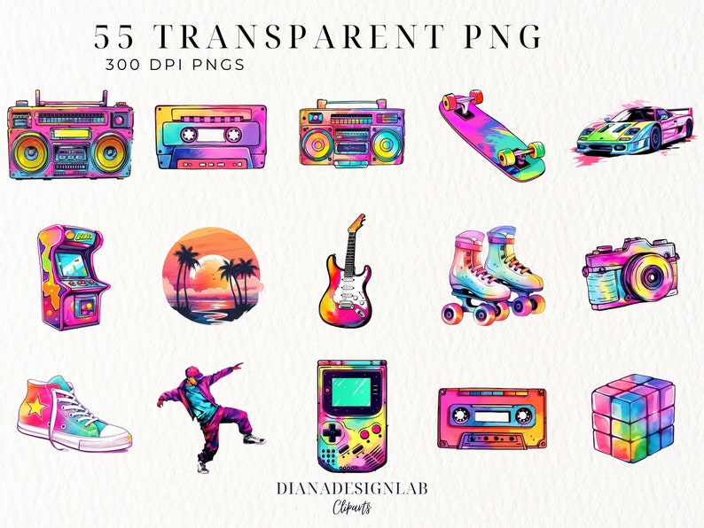 Neon 80S Clipart, Instant Download, 80S Clipart, Arcade, Cassette ...