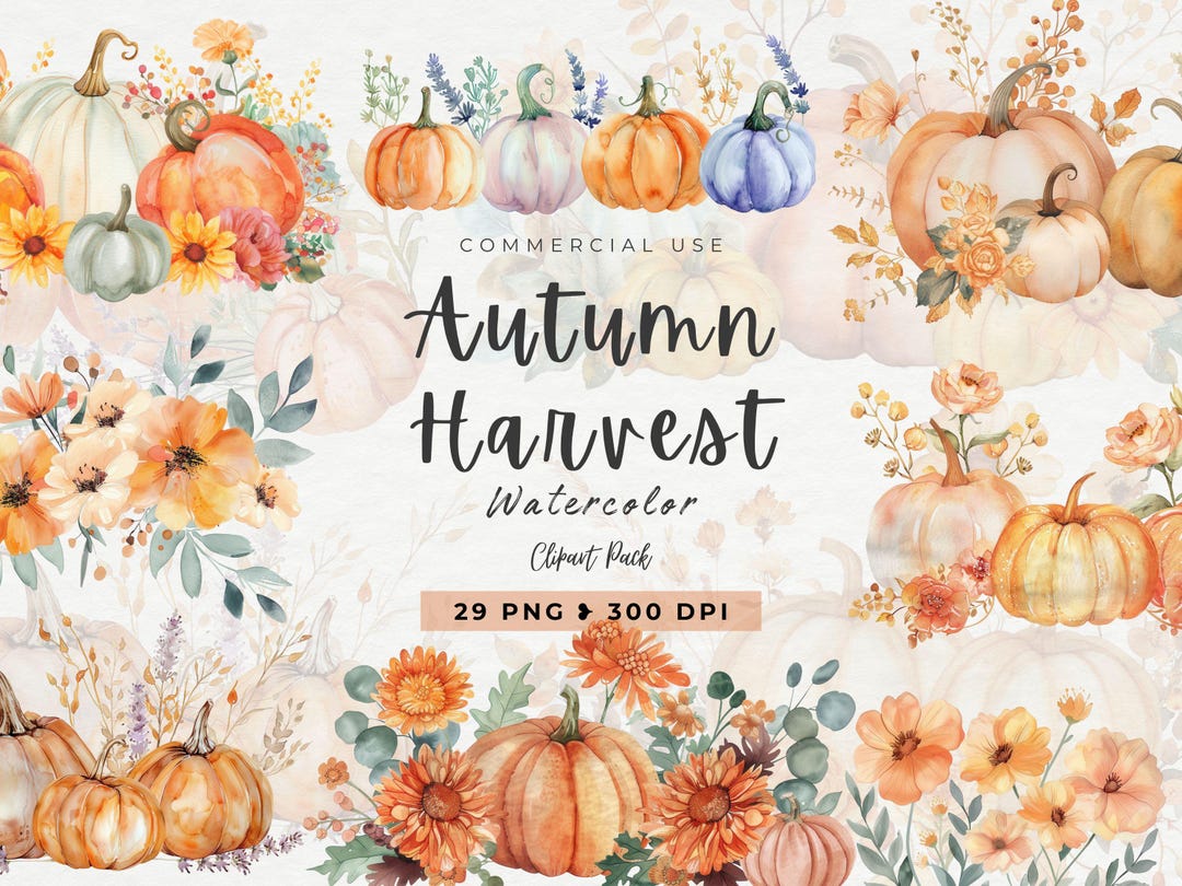 Pumpkins and Flowers Watercolor Autumn Clipart, Pumpkin Bouquets ...
