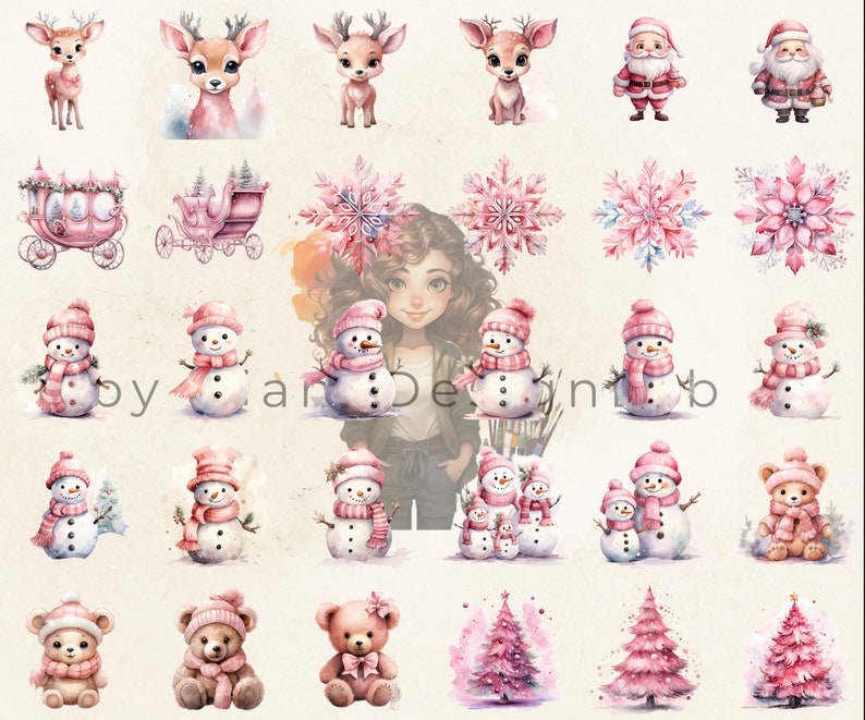 Pink Christmas Clipart Bundle, Watercolor Christmas Clipart Winter ...