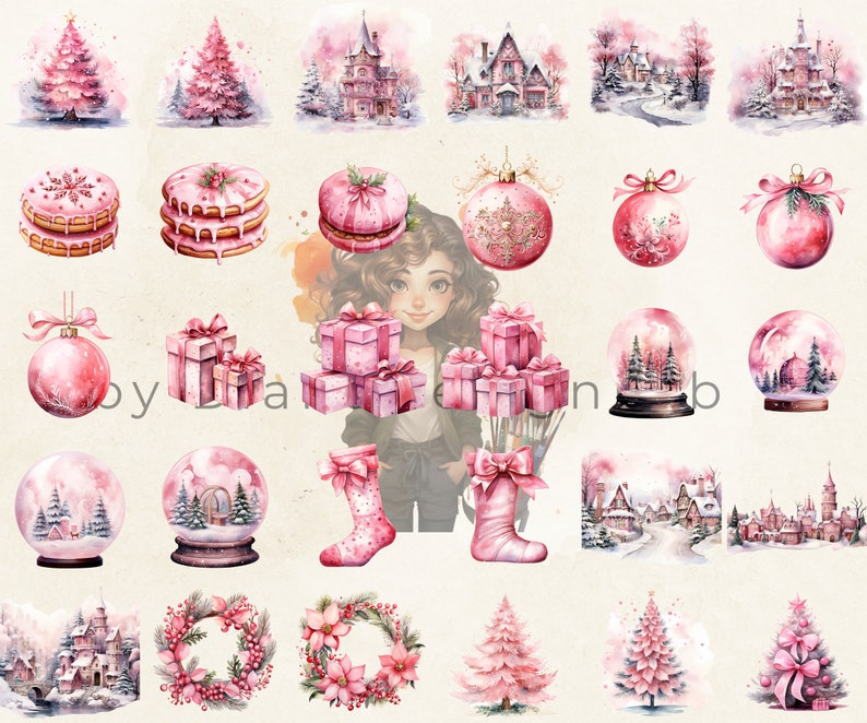 Pink Christmas Clipart Bundle, Watercolor Christmas Clipart Winter ...
