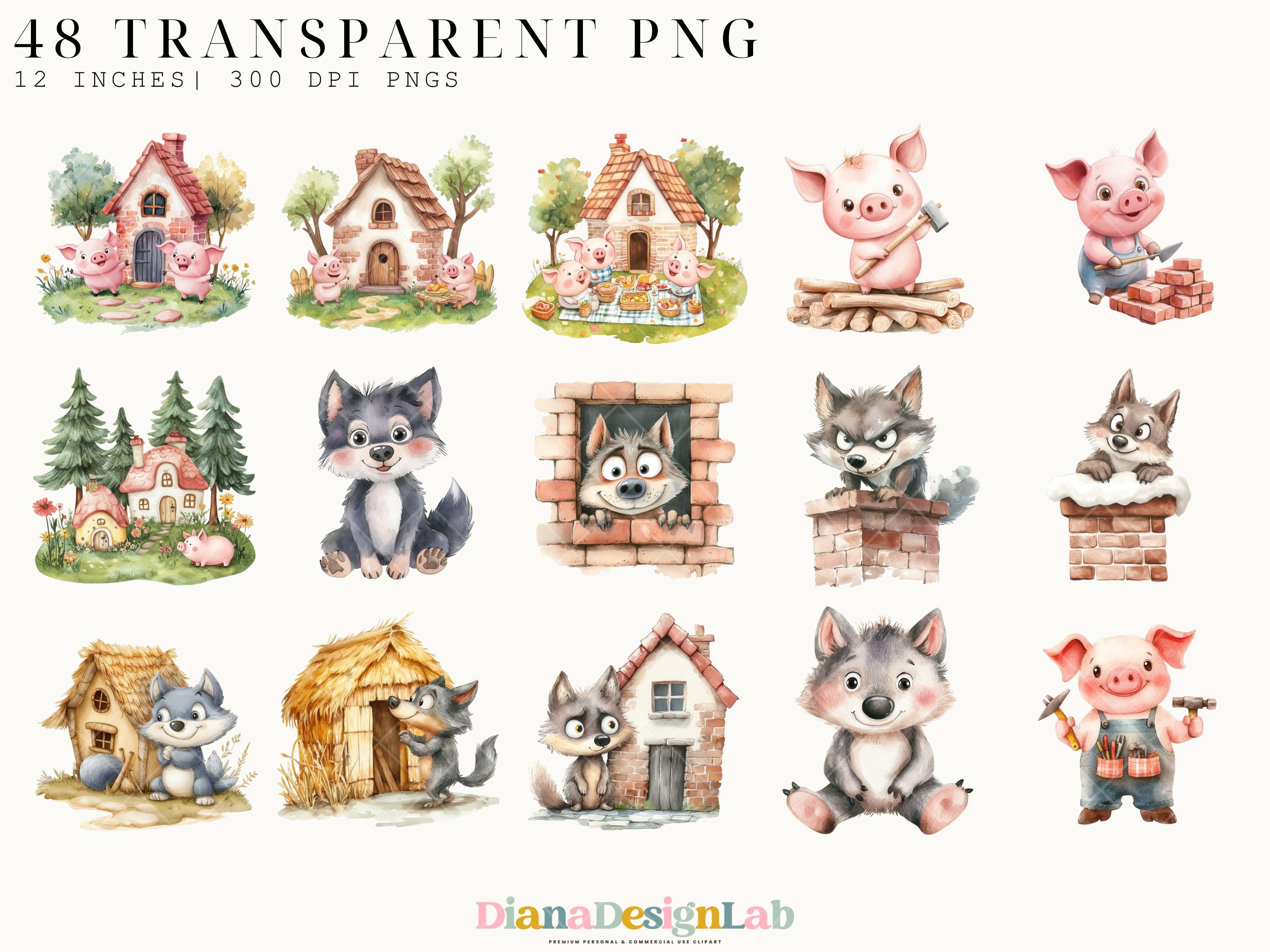 Three Little Pigs Clipart, Instant Download, Big Bad Wolf Png ...
