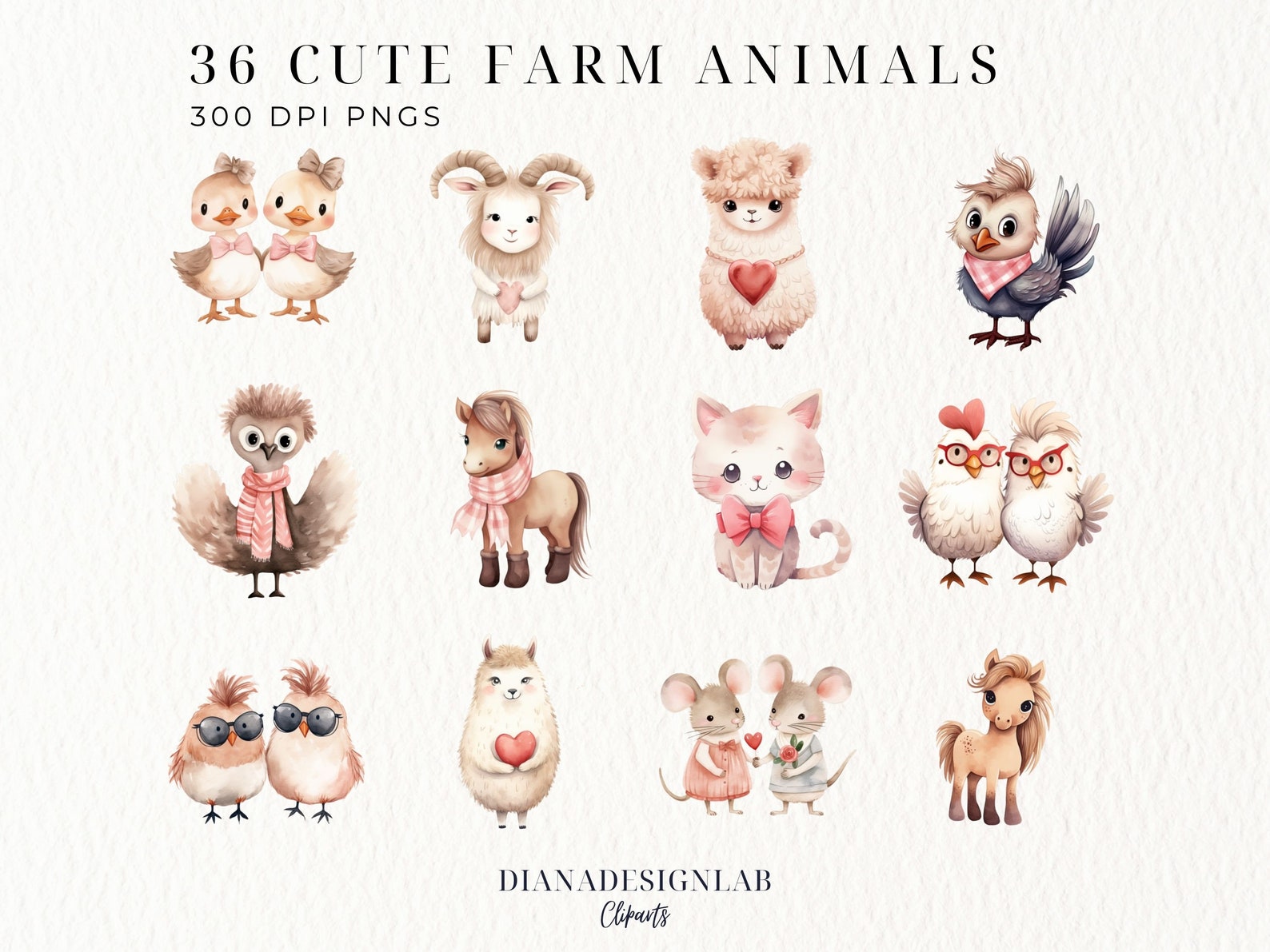 Farm Valentines Clipart, Baby Animals, Romantic Clip Art, Watercolor ...