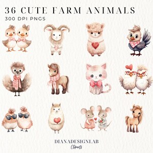 Farm Valentines Clipart, Baby Animals, Romantic Clip Art, Watercolor ...