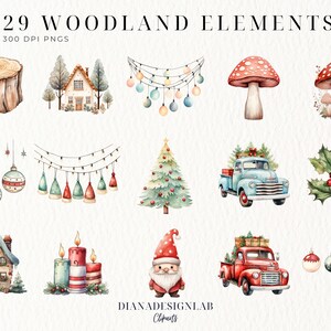 Woodland Christmas Clipart, Paper Crafts, Instant Download, Watercolor ...