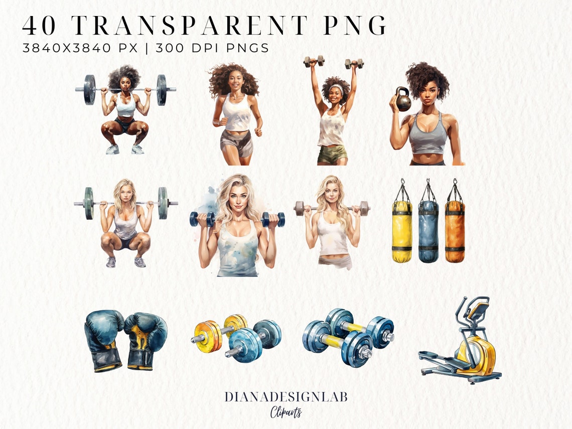 Workout Watercolor Clipart, Fitness Illustration, Gym Clip Art, Women ...