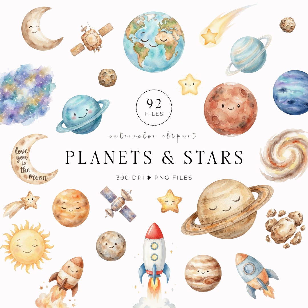 Watercolor Space Clipart, Cute Planets and Stars PNG, Kids Nursery ...
