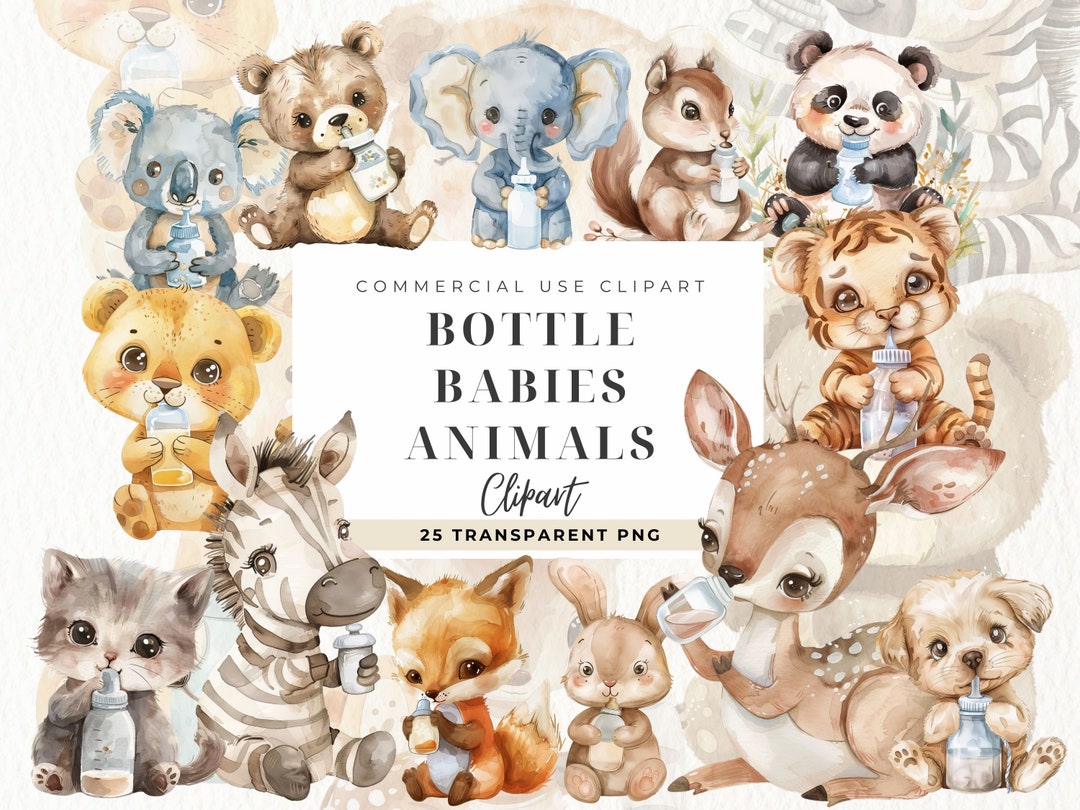 Animals With Baby Bottle Watercolor Clipart, Adorable Jungle, Woodland ...