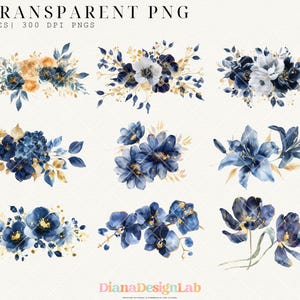 Navy and Gold Floral Clipart, Floral Bouquet, Blue Chinoiserie, Wedding ...