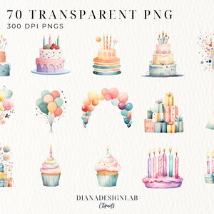Watercolor Birthday Party Cake Present Balloons Clipart Bundle, Happy ...