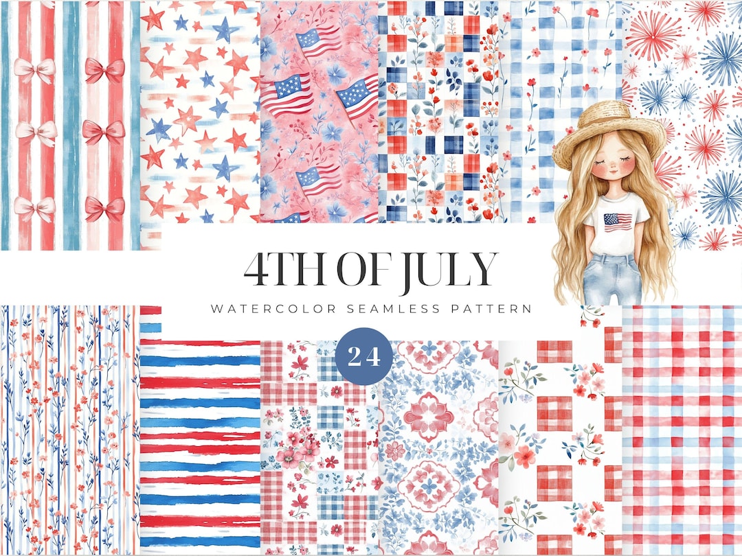 Seamless Digital Paper July 4th, Coquette 4th of July Pattern, Bows ...
