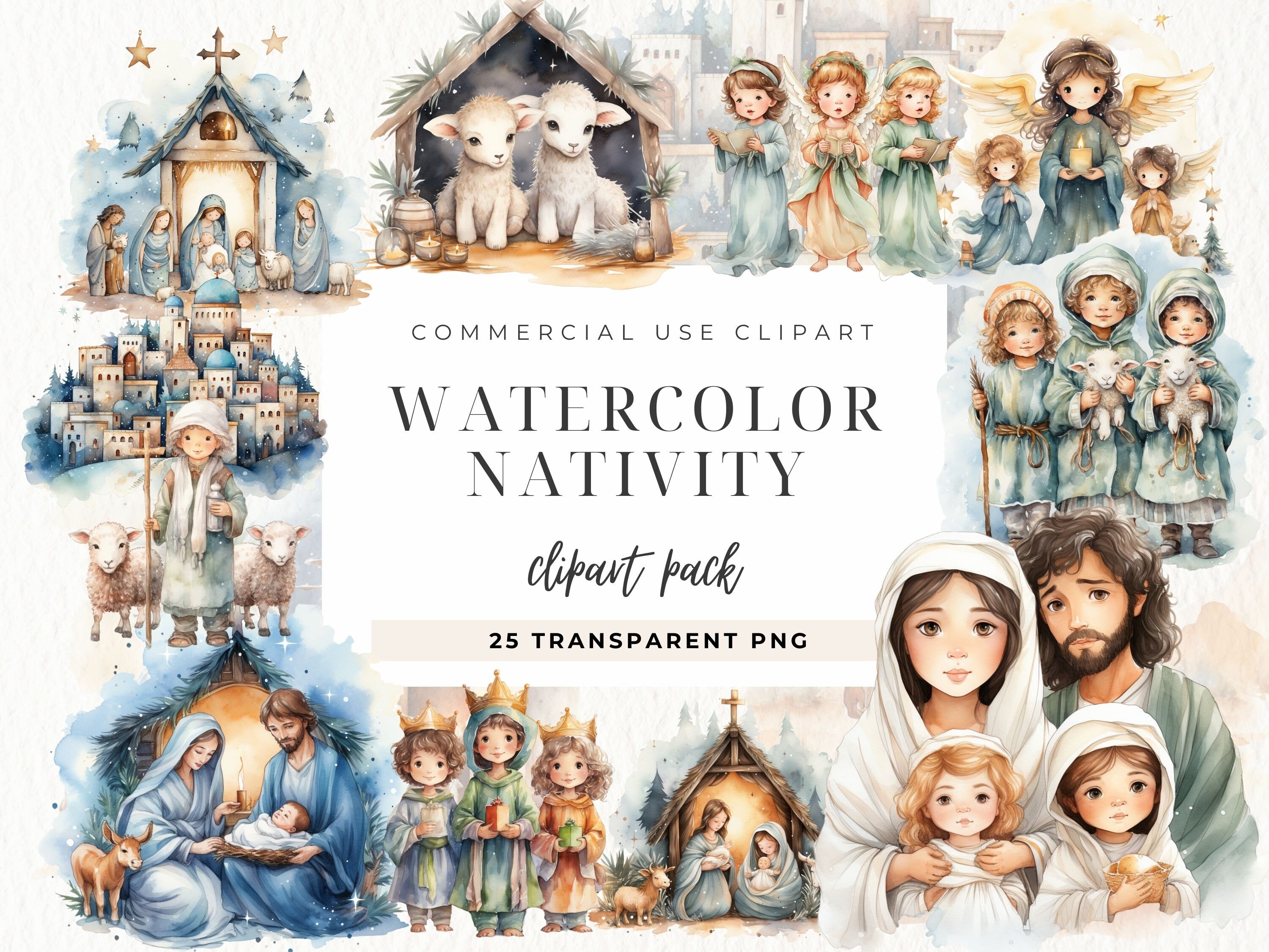 Nativity Scene Watercolor Clipart, Xmas Watercolor Jesus Birth ...