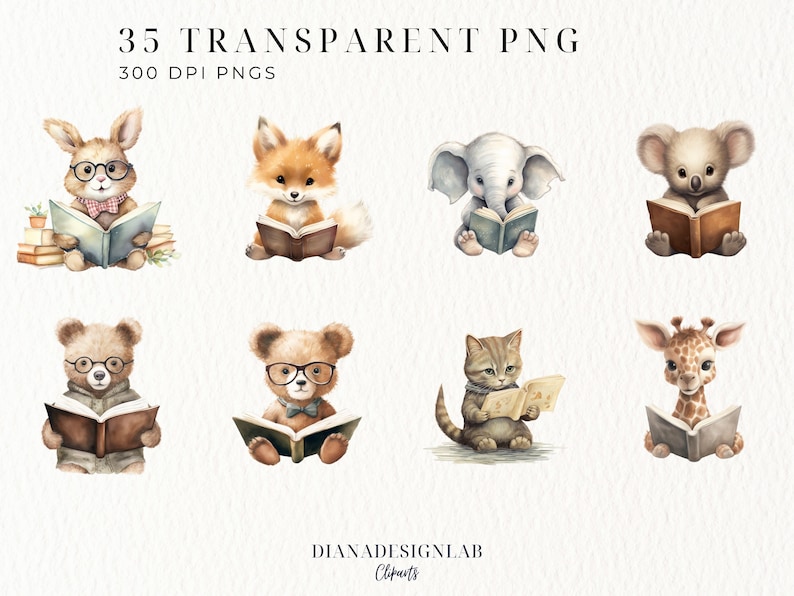 Watercolor Animals Reading Book Clipart, Commercial Use, Booklover Clip ...