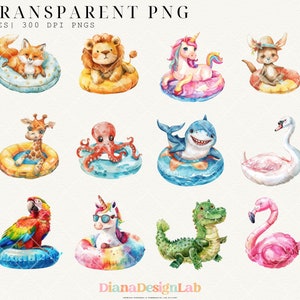 Animals in a Pool Party Clipart, Beach, Summer Elephant, Summer Safari ...