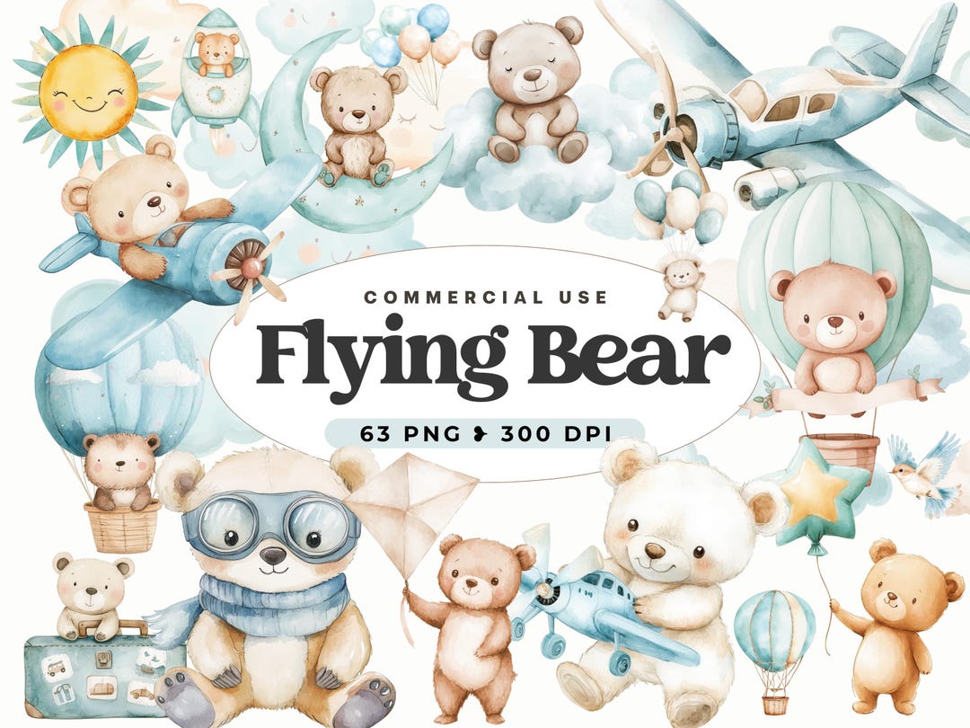 Cute Aviator Bear Clipart, Nursery, Airplane Bears, Blue Flying Teddy ...