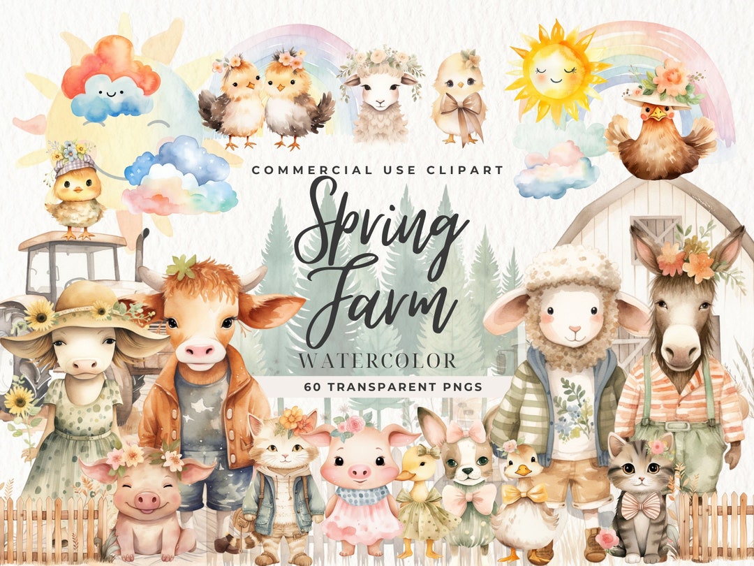 Spring Farm Clipart Bundle, Watercolor Floral Farm Baby Shower ...
