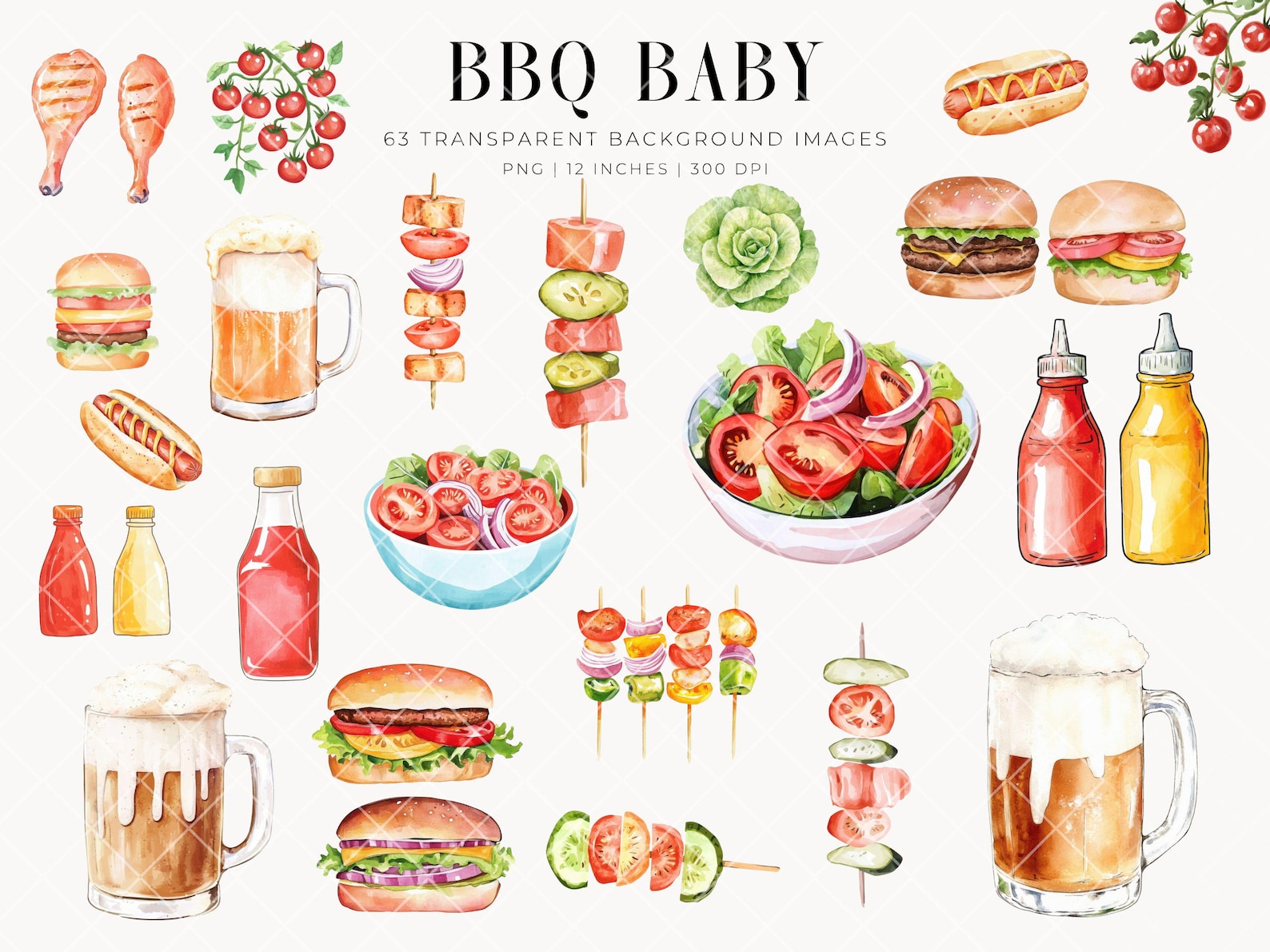BBQ Baby Shower Clipart, Sweet Watercolor BBQ, Digital Invitations ...