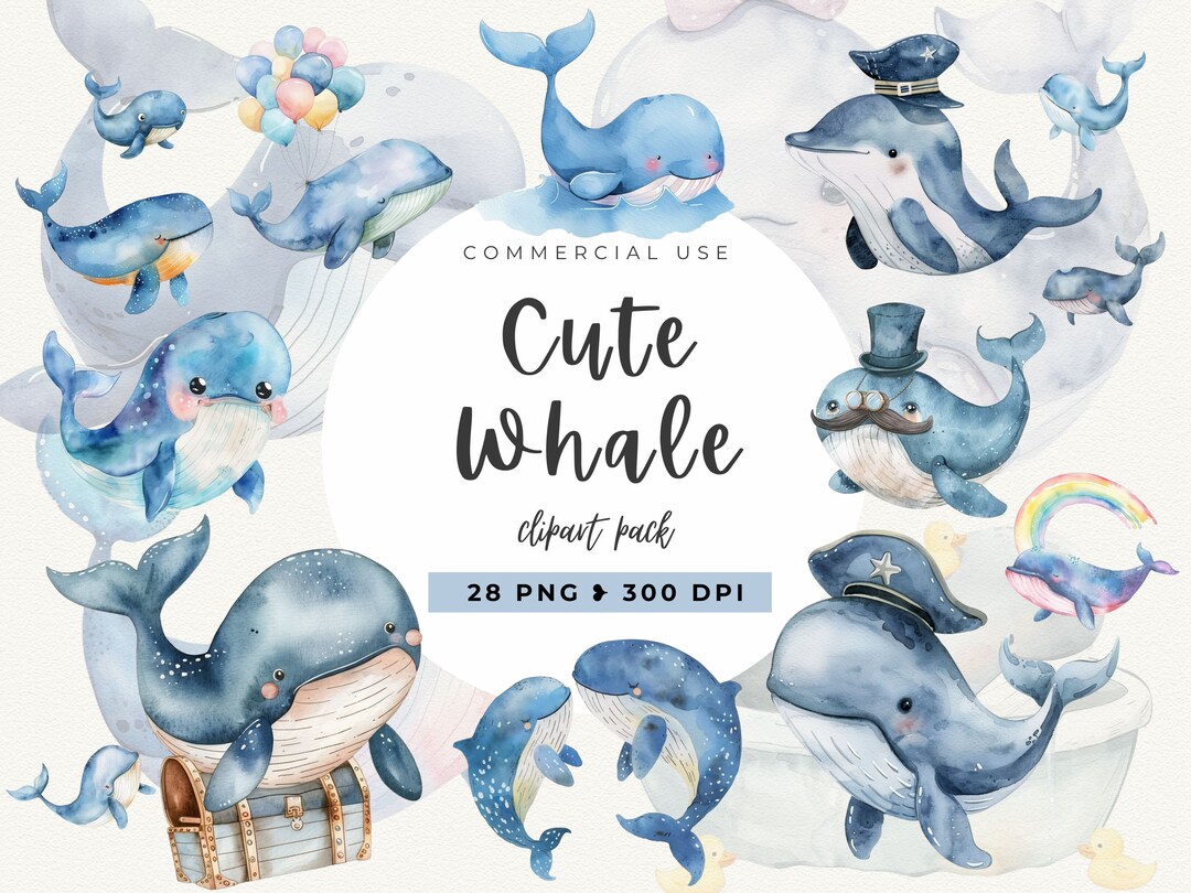 Watercolor Clipart Whale, Baby Wall Art, Instant Download, Commercial ...