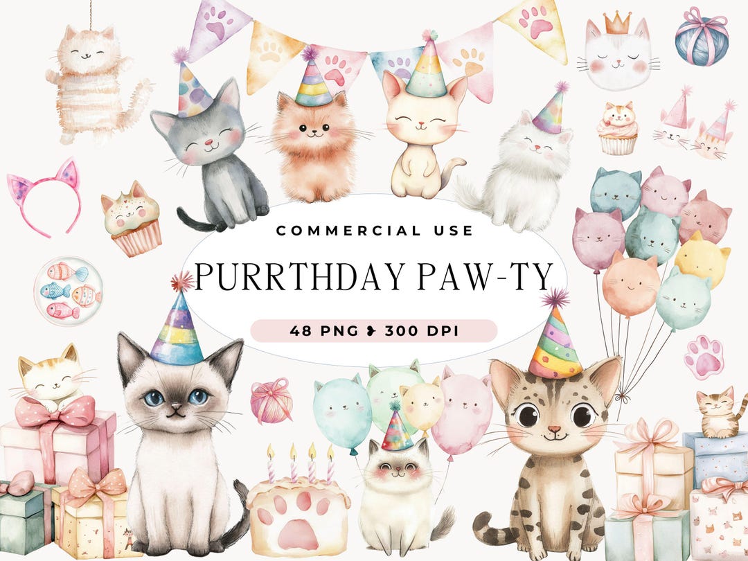 Cute Cats Clipart Birthday Party, Watercolor Cartoon Cat Breeds ...