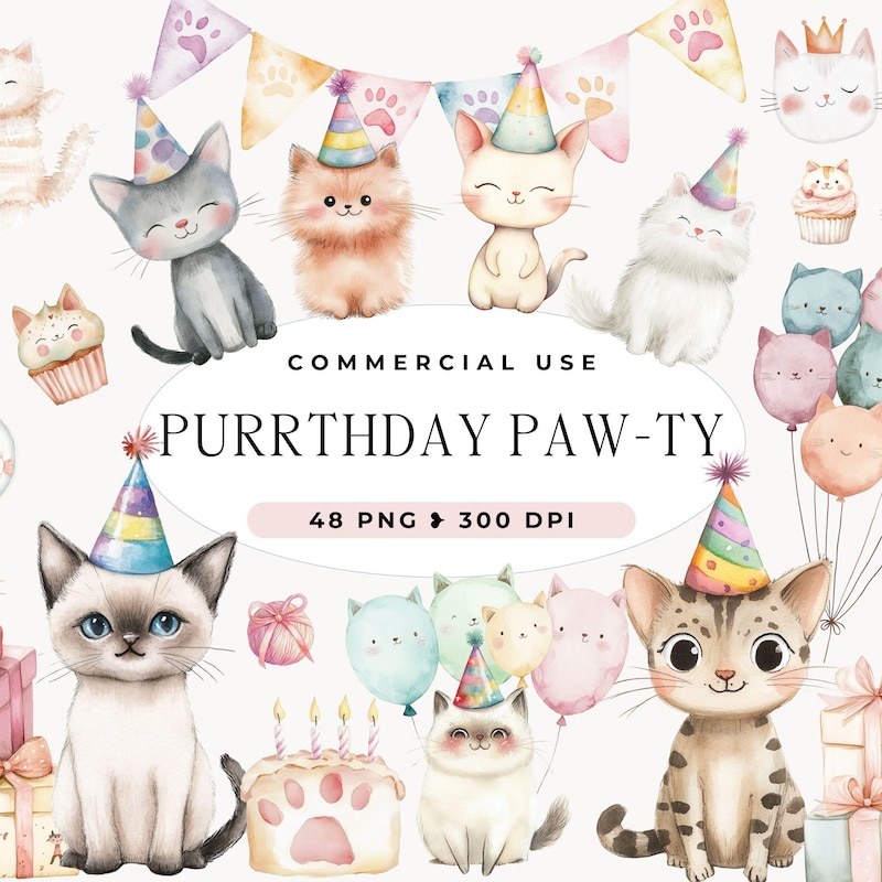Watercolor Cat Clipart Birthday - Etsy