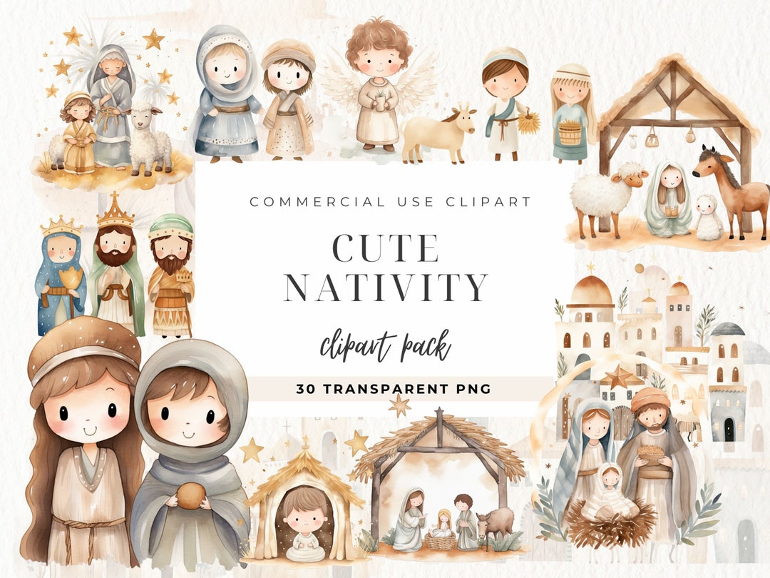 Cute Nativity Scene Watercolor Clipart, Xmas Watercolor Jesus Birth ...