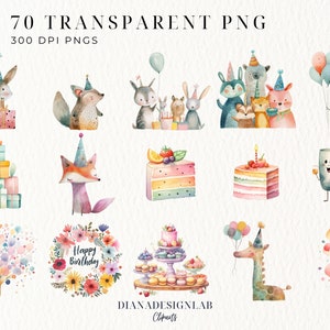 Watercolor Birthday Party Cake Present Balloons Clipart Bundle, Happy ...