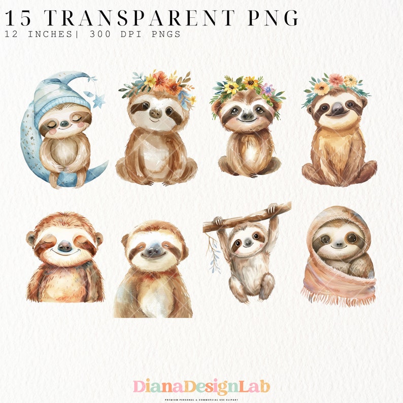 Watercolor Baby Sloth Clipart, Cute Sloth PNG Woodland Animal, Forest ...