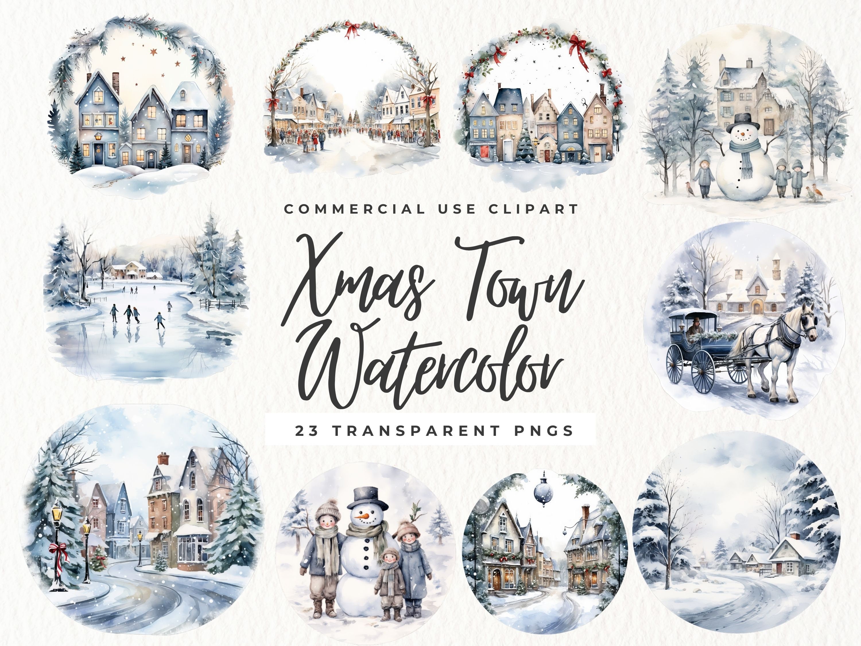 Watercolor Christmas Town Clipart, Winter Village Illustrations ...