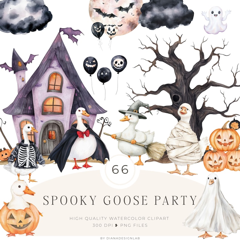Halloween Silly Goose Clipart – Watercolor Spooky Goose PNG Set ...
