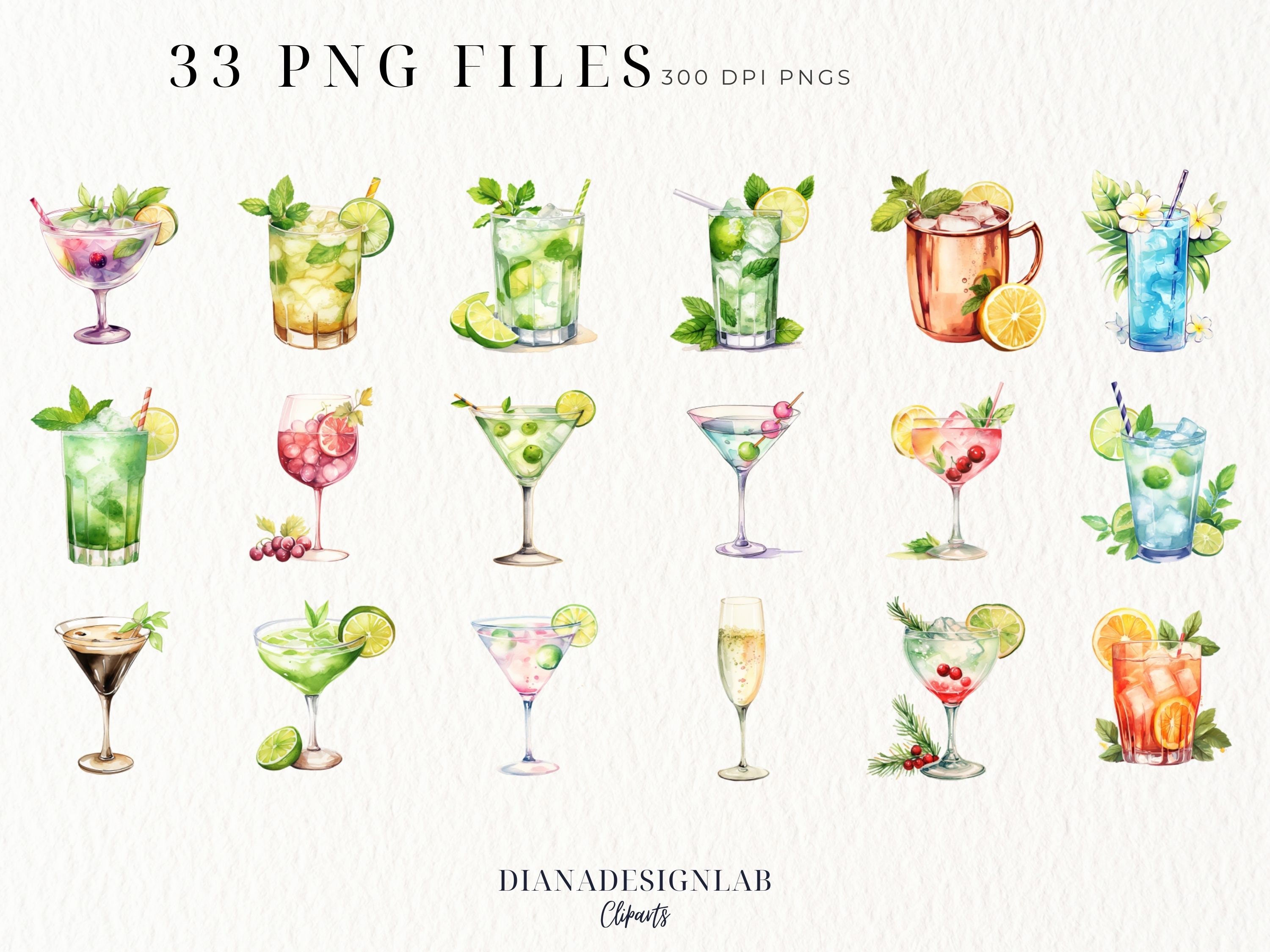 Watercolor Cocktail Clip Art, Party Graphics, Summer Fruit Drinks ...