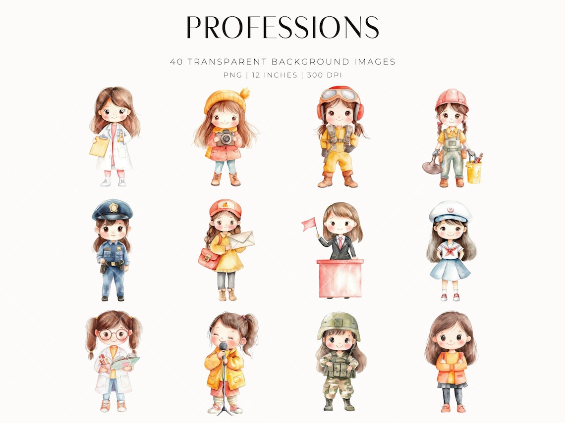 Watercolor Professions Clipart: Kids Careers, Classroom Decor (digital ...