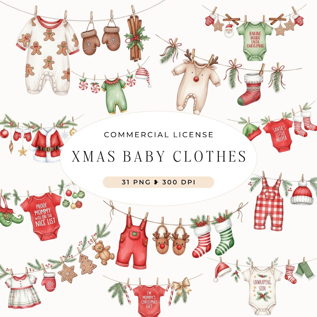 Christmas Baby Clothesline Clipart, Xmas Festive Newborn Outfit PNG Set ...